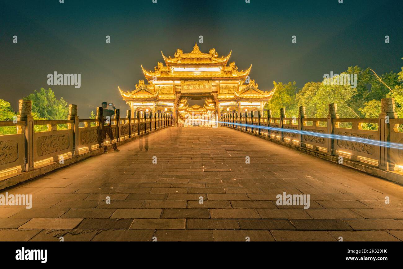 Night view of Huanglongxi Covered Bridge, Huanglongxi ancient town ...