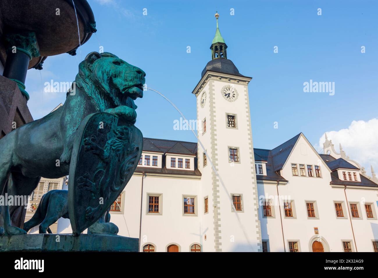 Freiberg: square Obermarkt, Town Hall, fountain in , Sachsen, Saxony ...