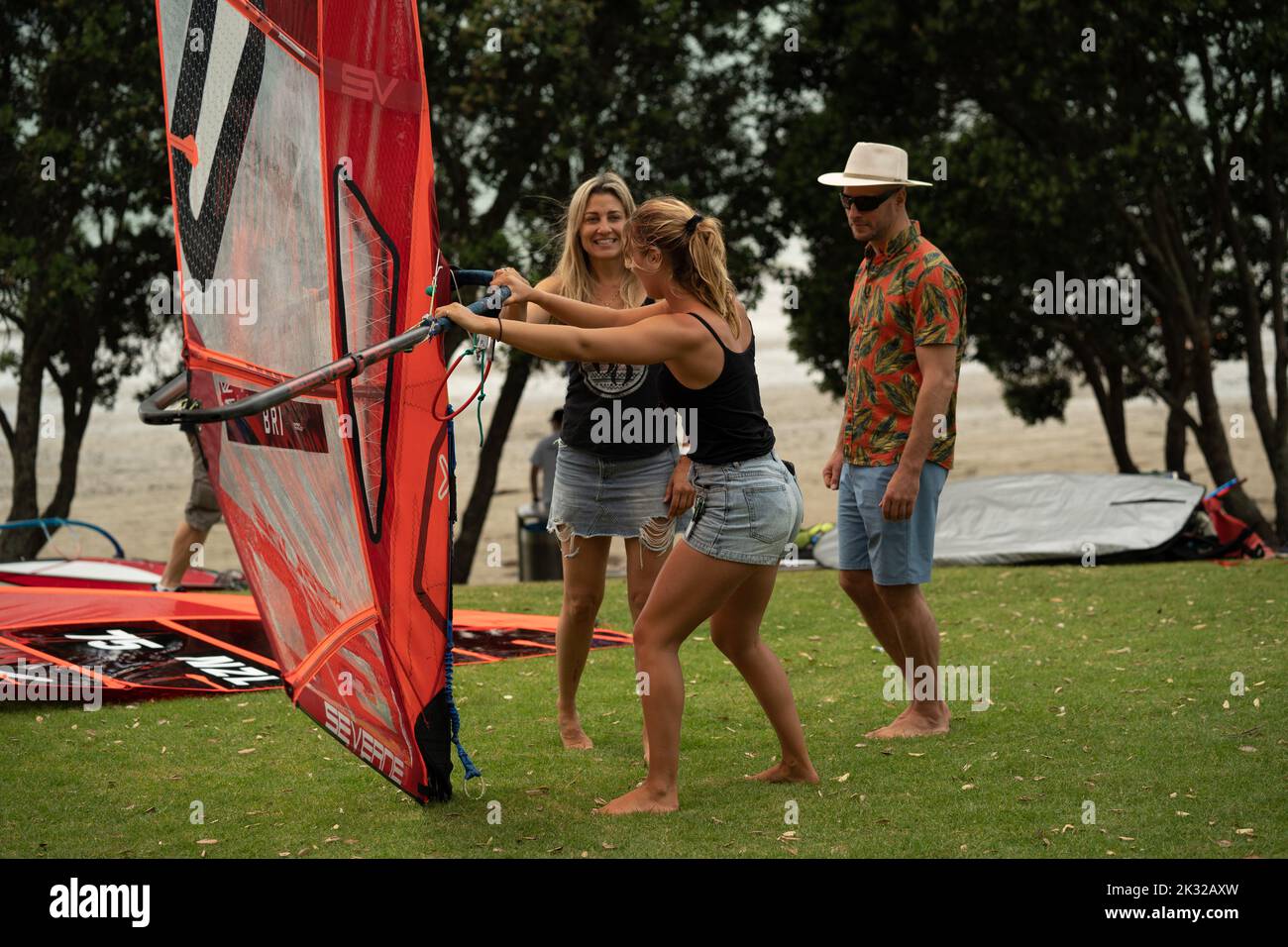 Two women competitors sets up their equipment to compete the New ...