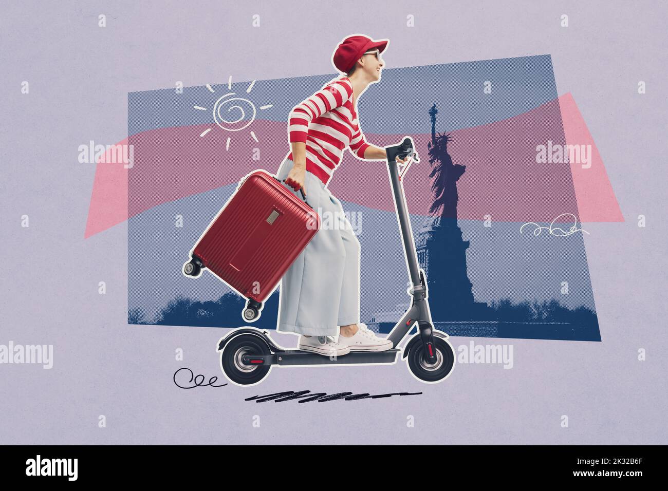 Happy traveller woman with trolley bag riding an electric scooter and ...