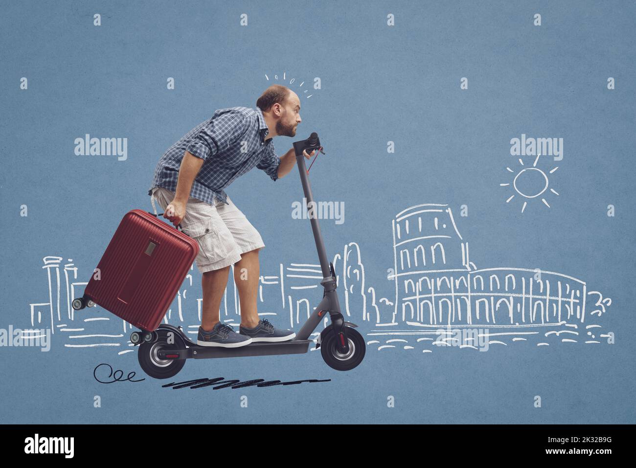 Tourist riding an electric scooter and carrying a trolley bag, sketched ...