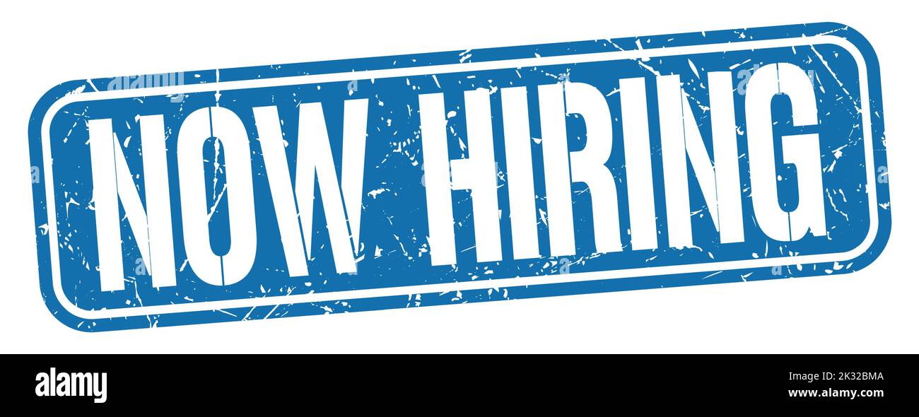 NOW HIRING text written on blue grungy stamp sign Stock Photo - Alamy