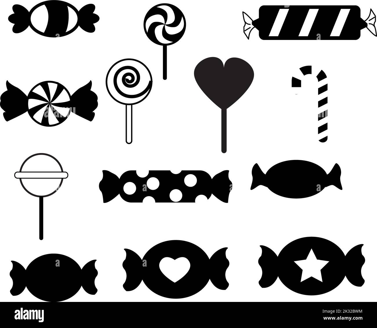 black and white wrapped candy icon on transparent background. flat ...