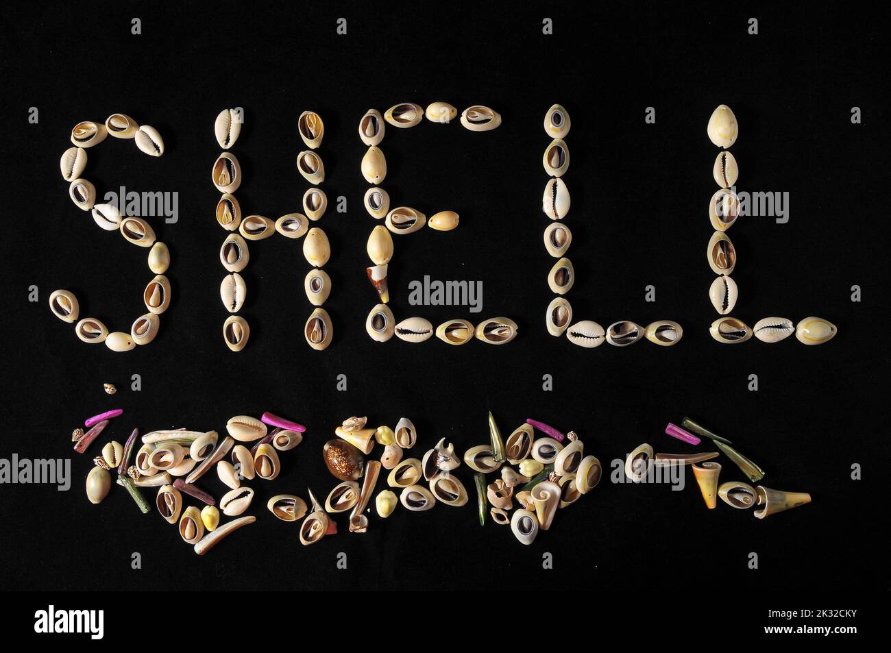 The word shell made of seashells on the black background Stock Photo ...