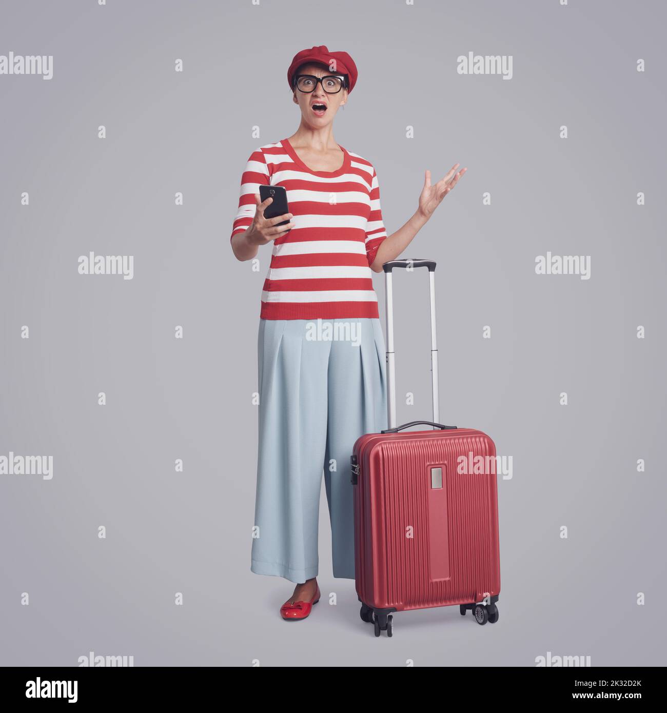 Shocked disappointed female traveler with luggage, she is having ...