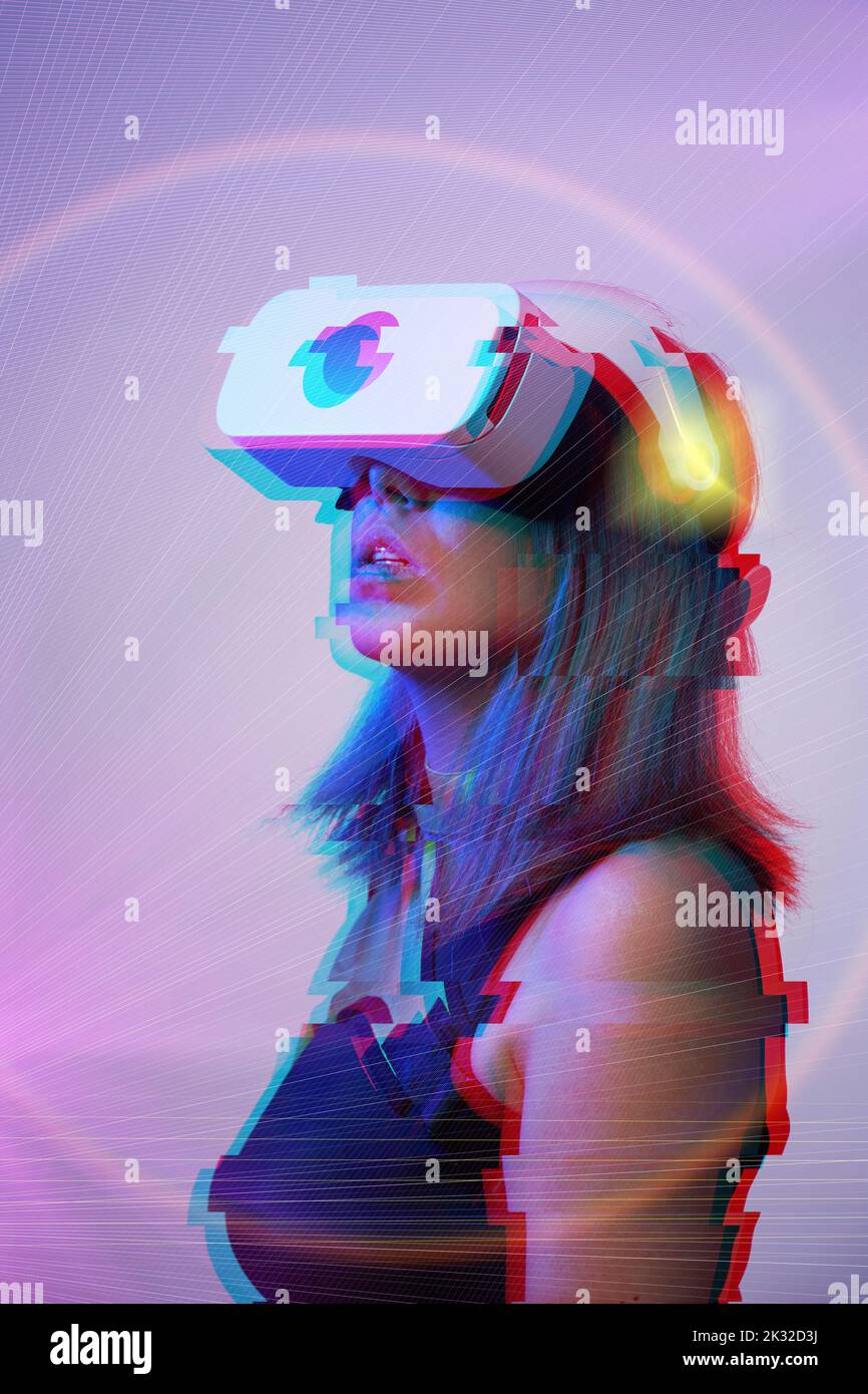 Woman is using virtual reality headset. Concept of virtual, augmented and extended reality ...