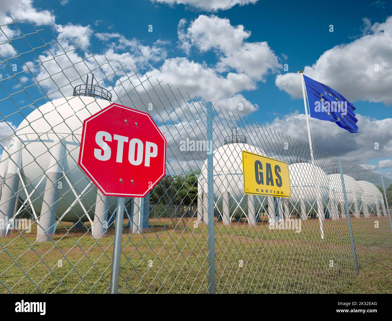 Closed gas plant with European flag and stop sign Stock Photo - Alamy
