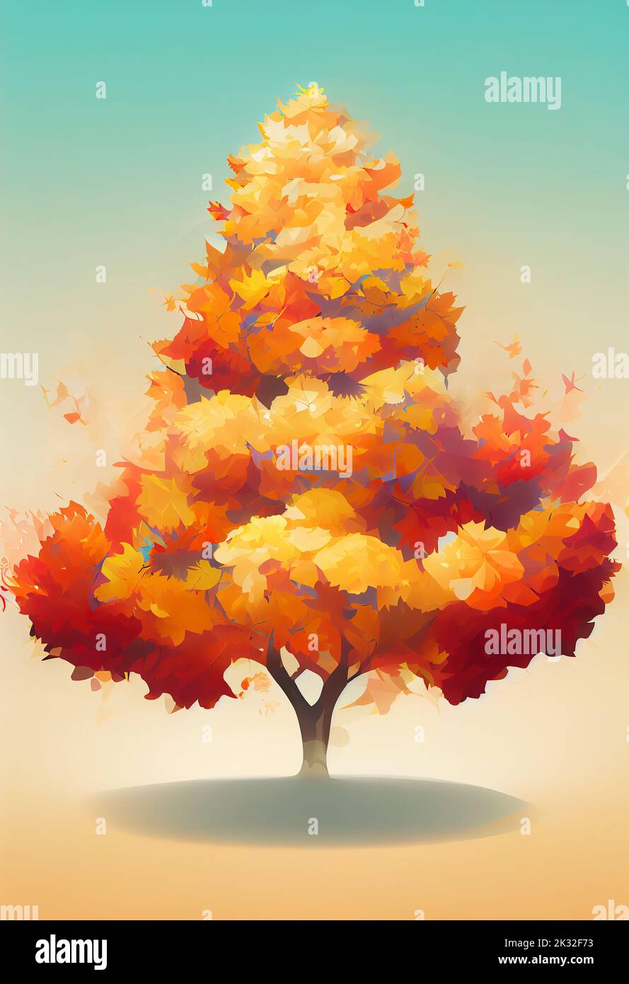 Autumn tree with beautiful orange leaves. Gradient background. Digital ...