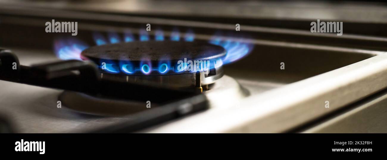 Close-up of a blue fire from a kitchen stove. two gas burners with a ...