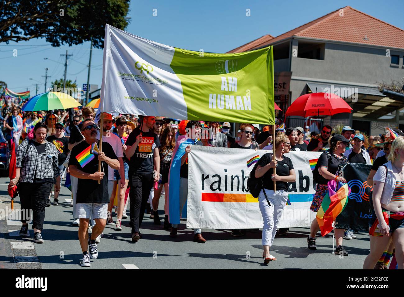 Brisbane, Australia. 24th Sep, 2022. Marchers seen carrying banners ...