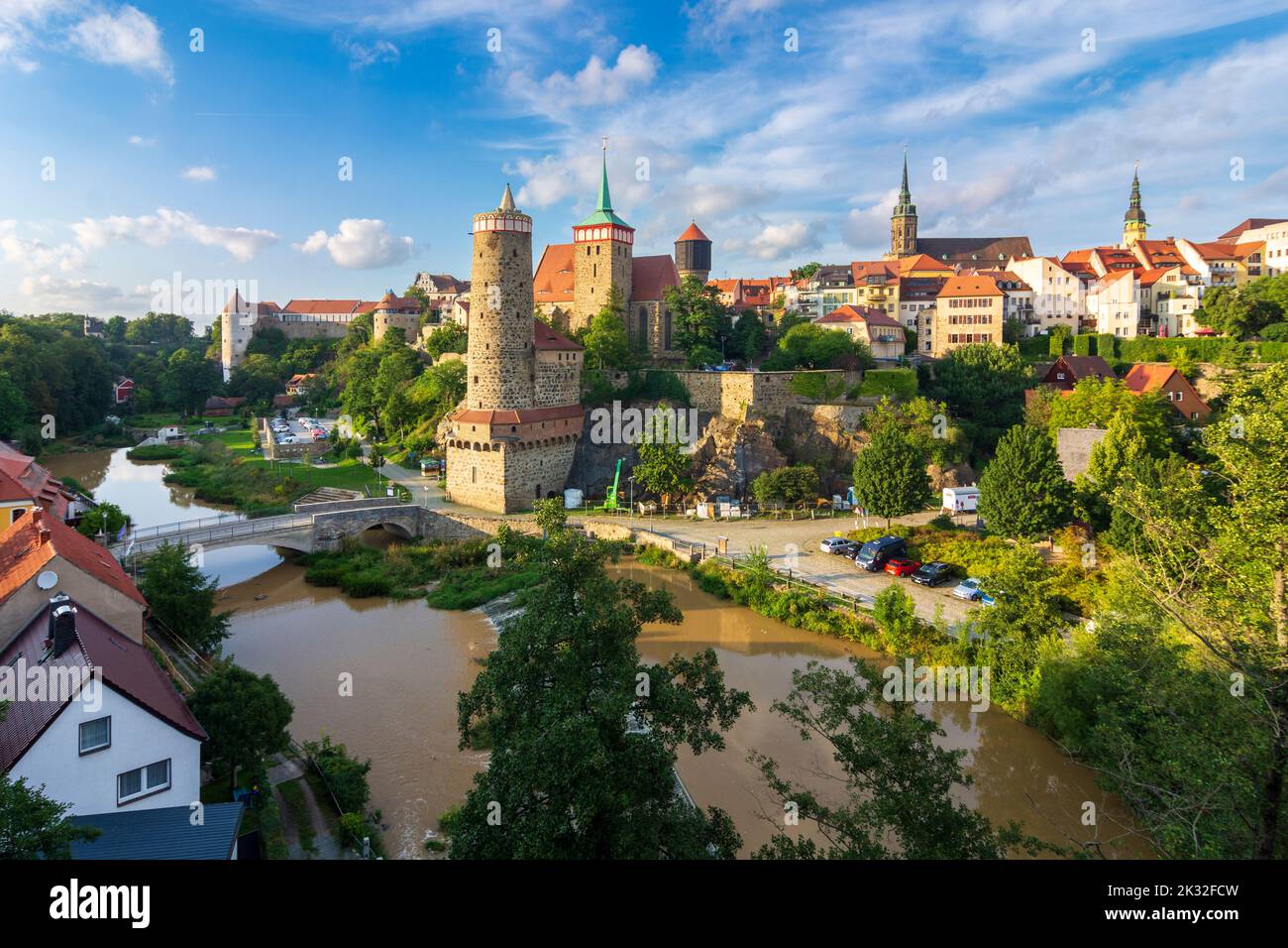 Bautzen: city view from bridge Friedensbrücke: river Spree, Alte ...