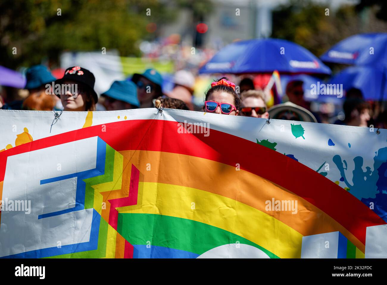 Brisbane, Australia. 24th Sep, 2022. Marchers carrying a banner during ...