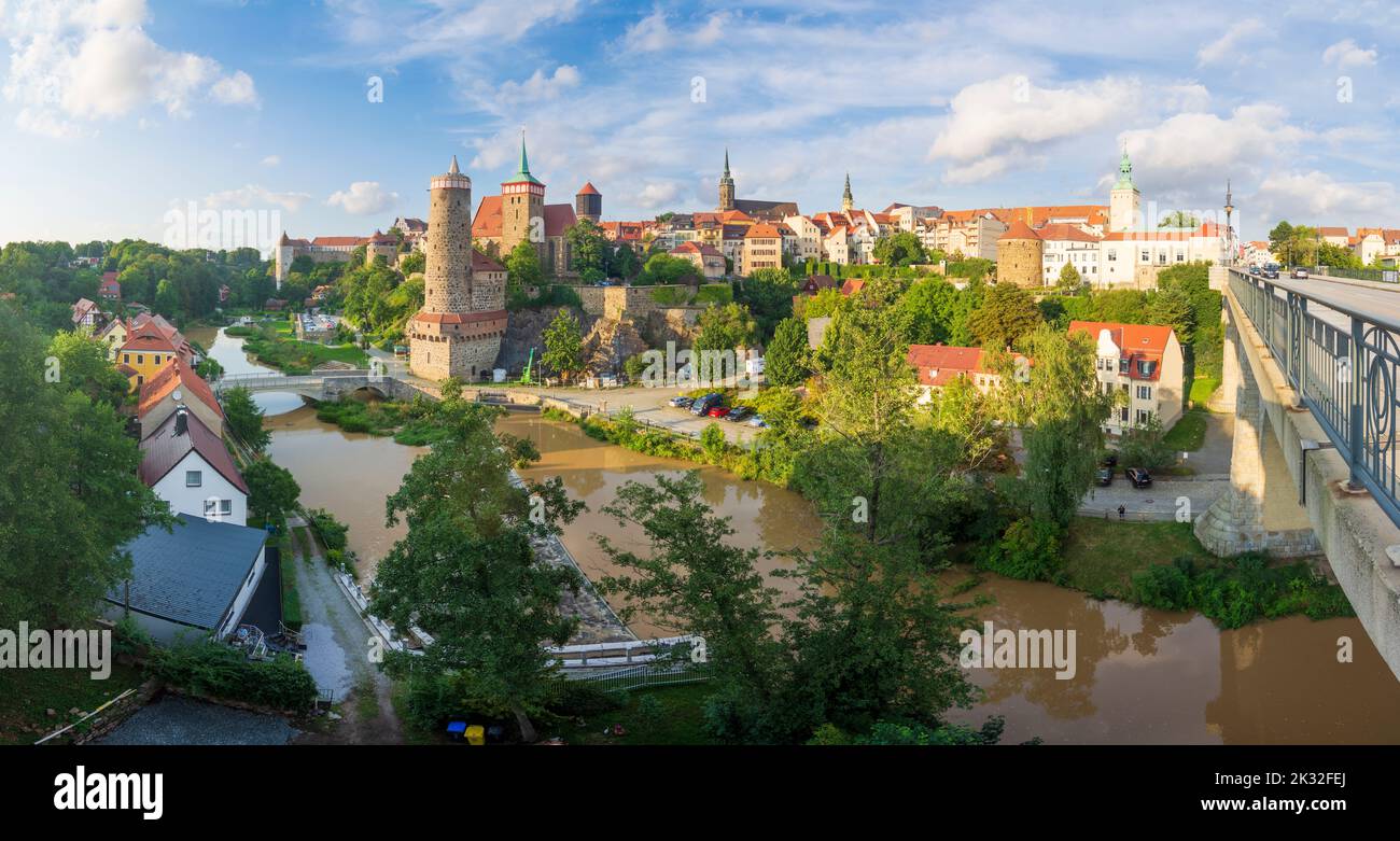 Bautzen: city view from bridge Friedensbrücke: river Spree, Alte ...