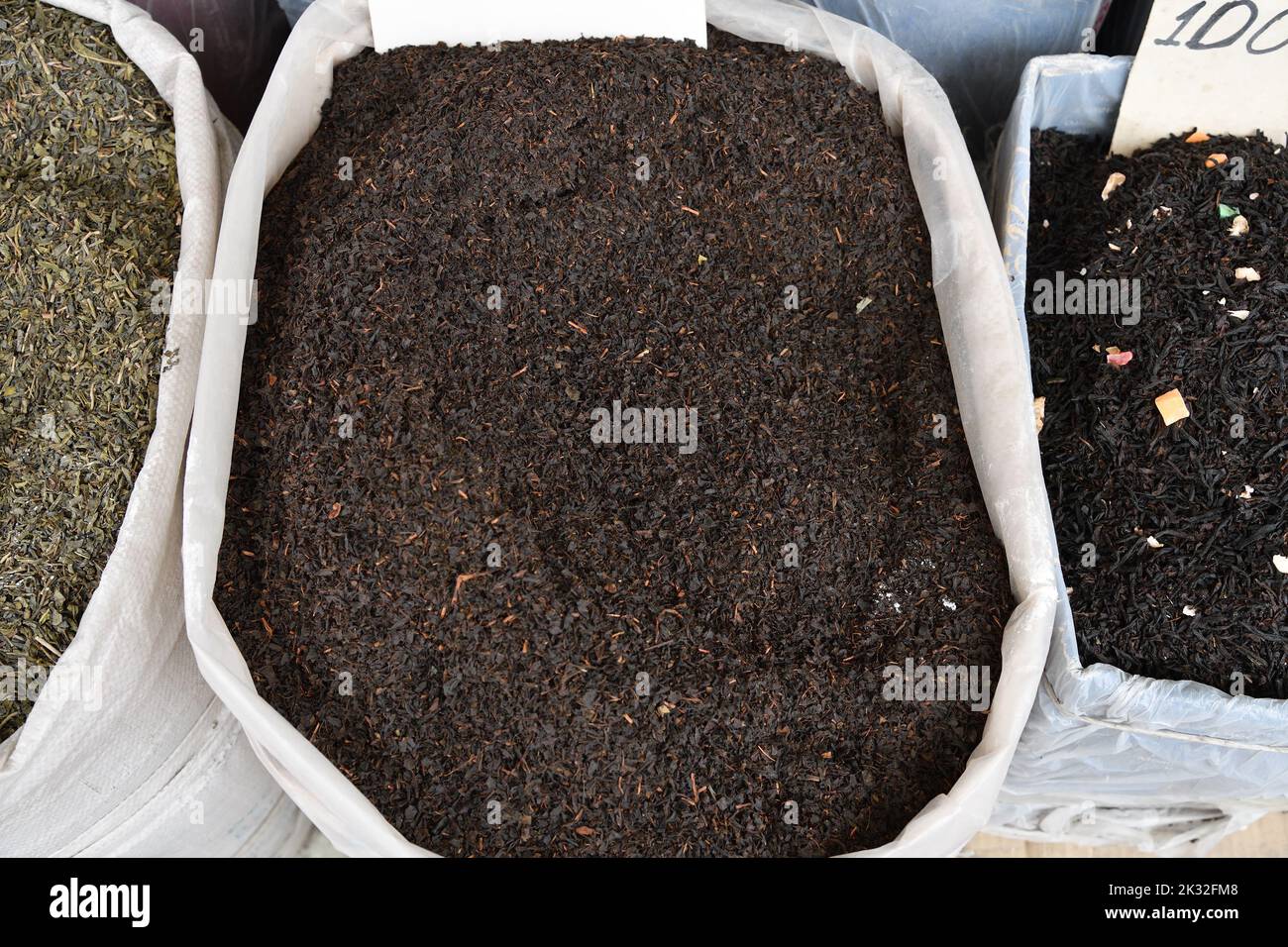 Black tea sold in Kyrgyzstan in big bag. Central market in Bishkek. Osh ...