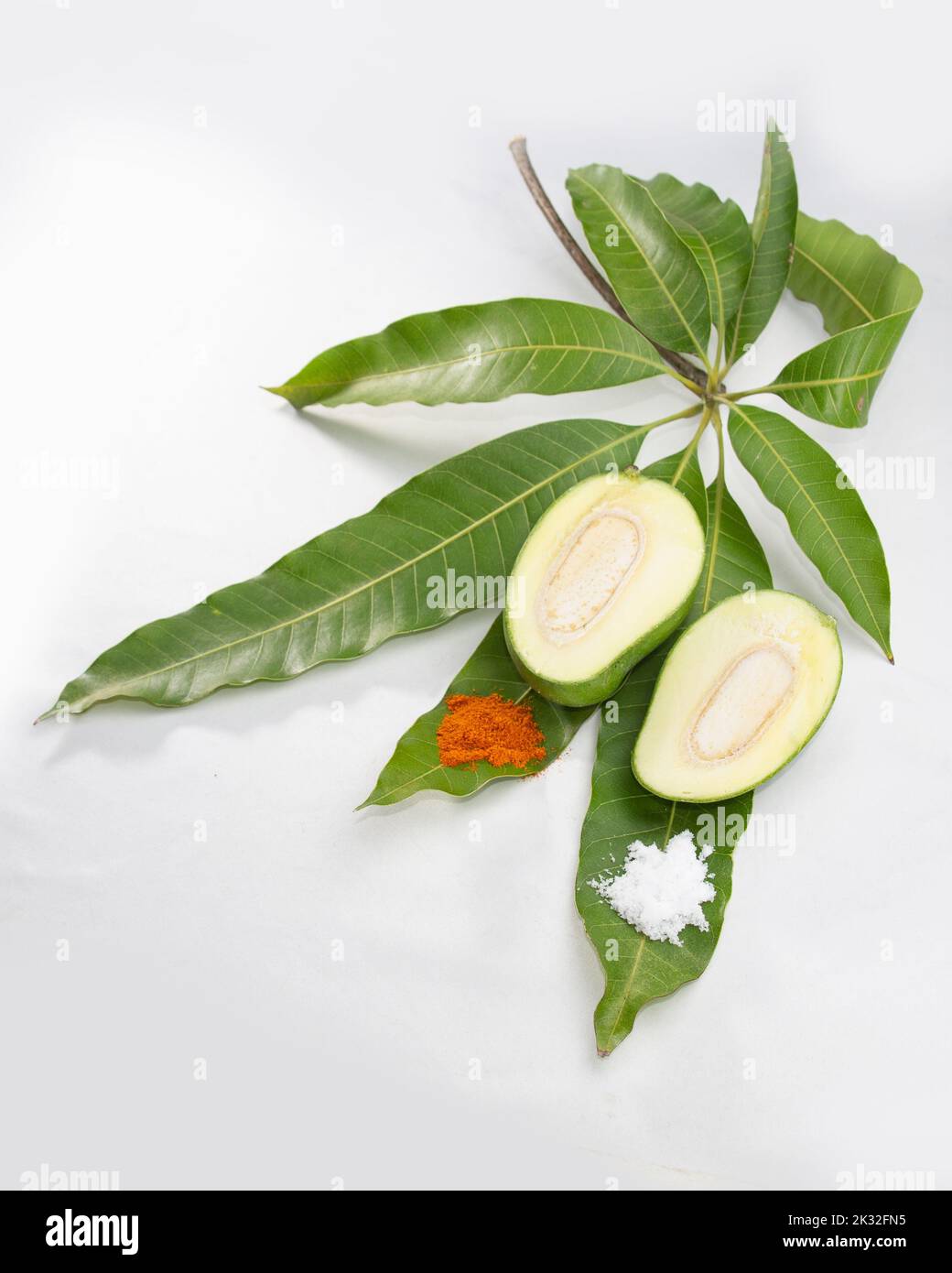 Raw green mango slices on leaves with salt and pepper Stock Photo - Alamy