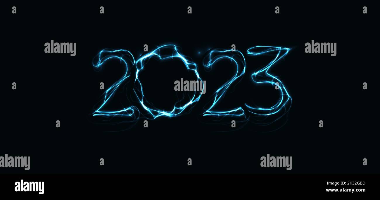 2023 numbers with magic luminous lightning contour. Happy New Year event poster, greeting card ...