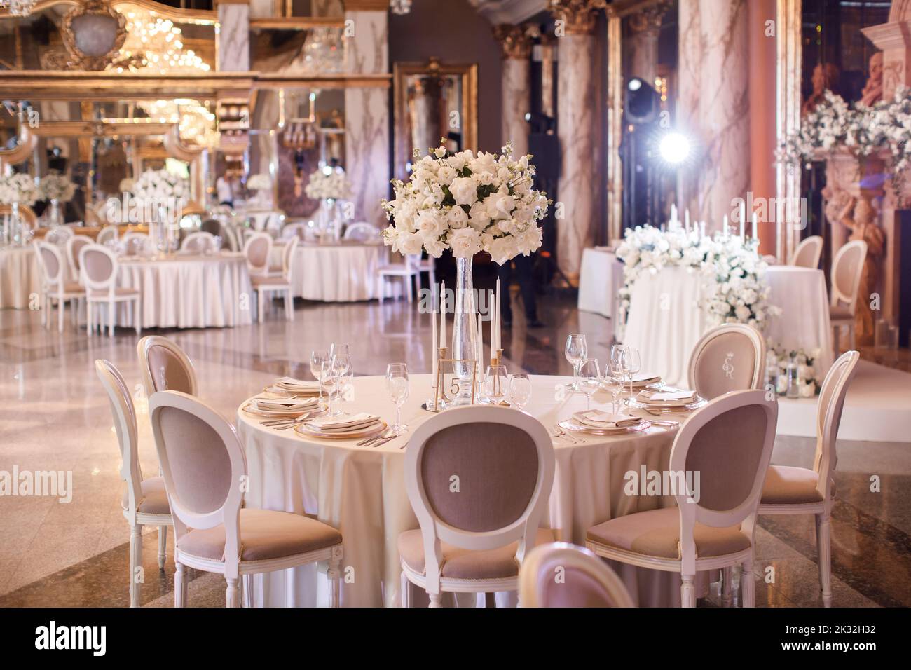 Tables setting at a luxury wedding. Table for guests. Dishes and drinks ...
