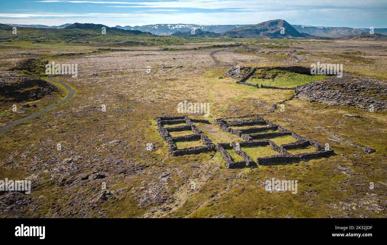 An aerial view of old lava field farmers used to keep their livestock ...