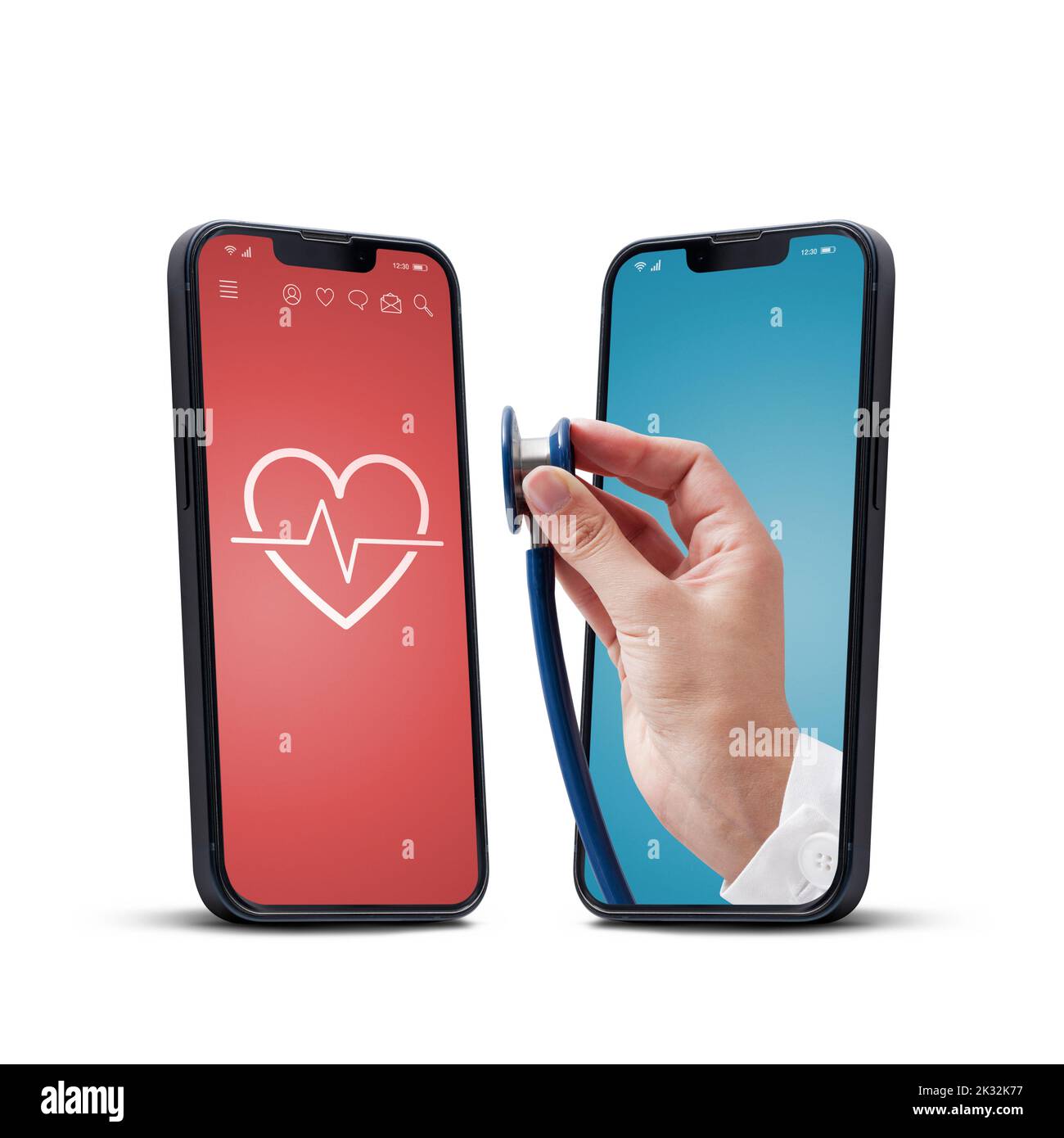 Online doctor checking pulse with a stethoscope, two smartphones facing ...