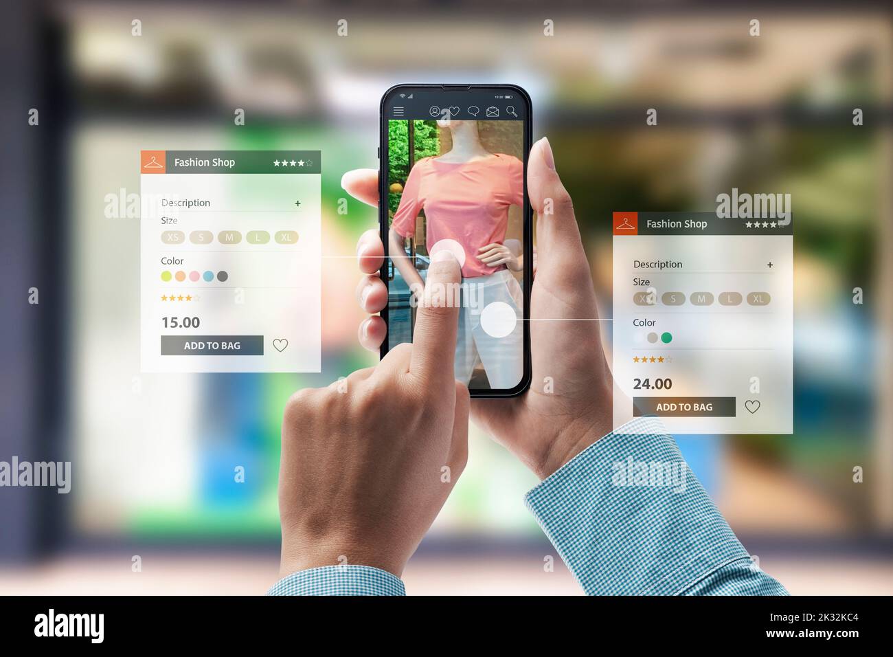 Augmented reality in retail: woman buying clothes online and checking ...