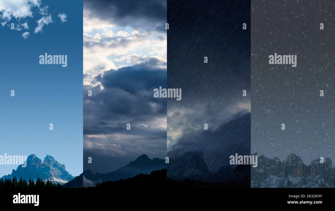 Set of mountain landscapes, changing weather conditions and seasons ...