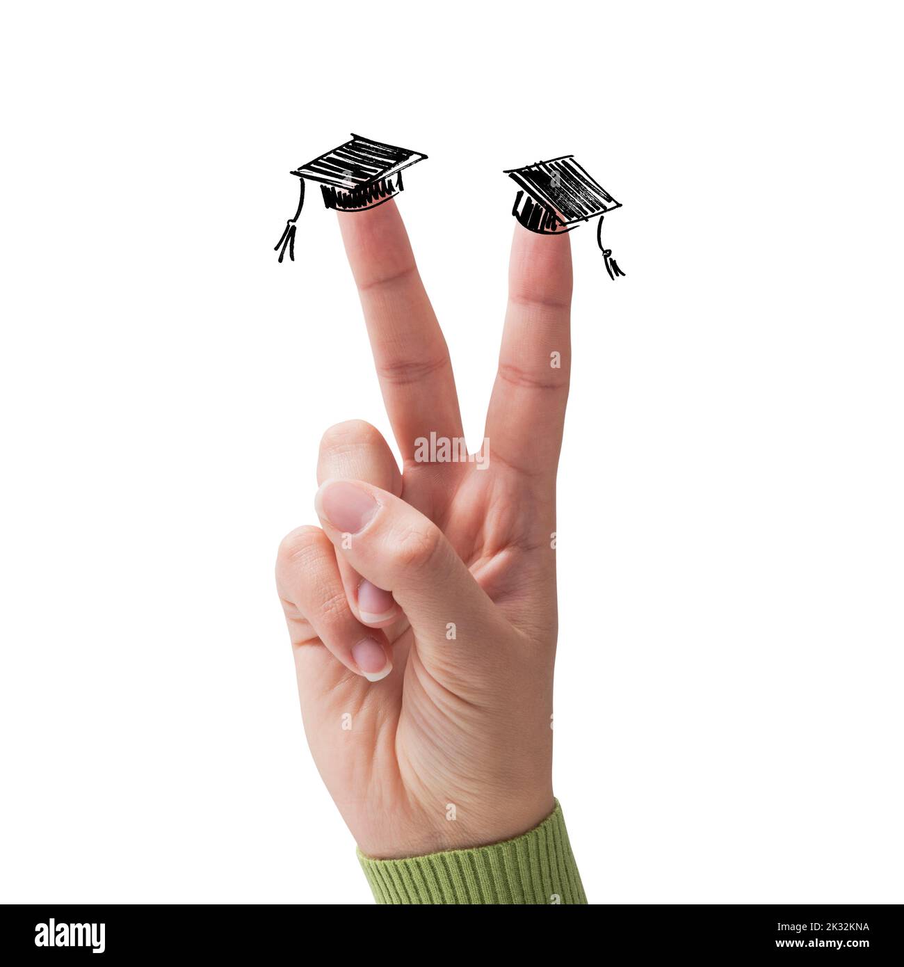 V sign gesture and sketched academic caps on fingers, Isolated on white ...