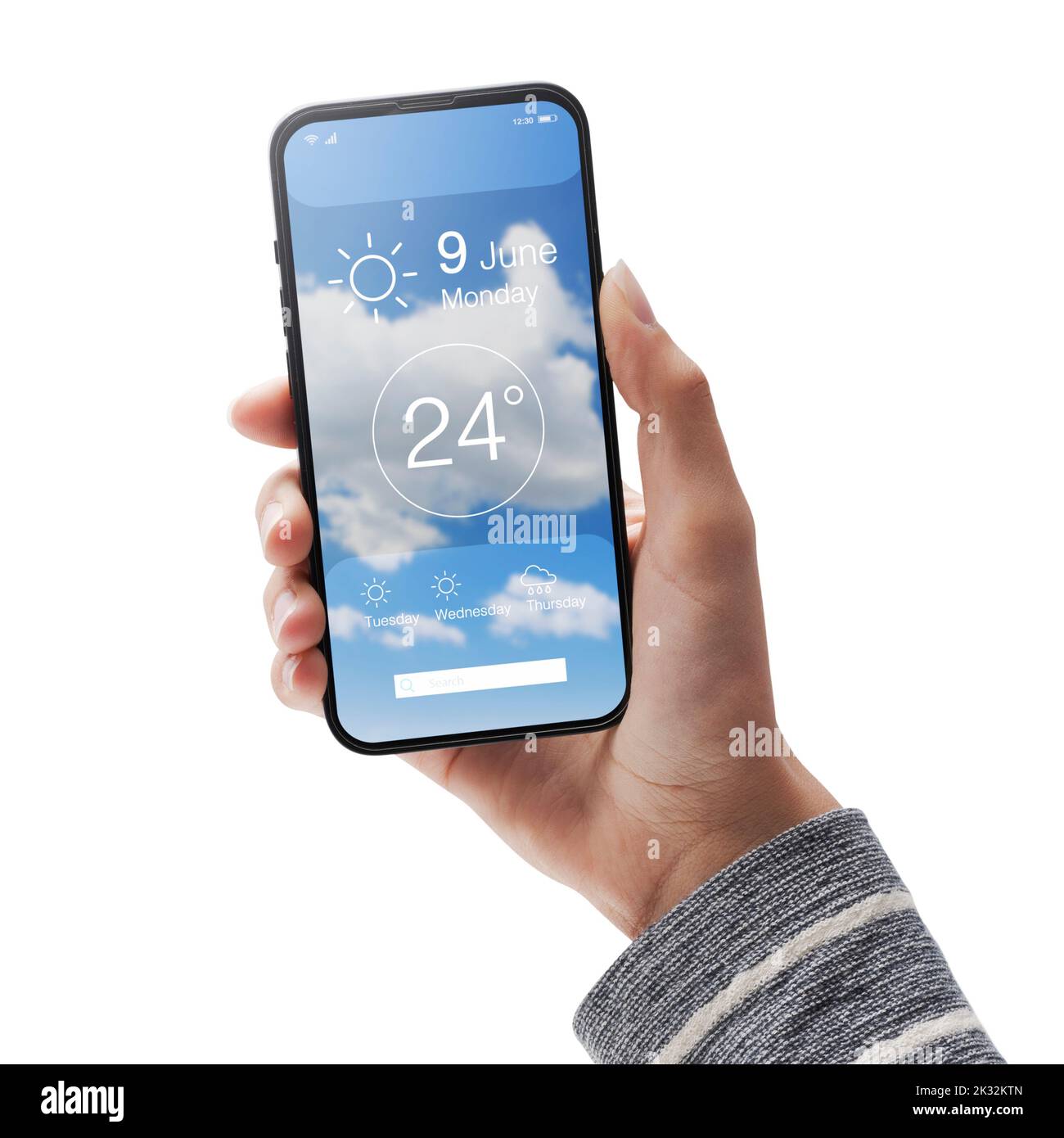 Hand holding a smartphone with weather forecast app on the display, On ...