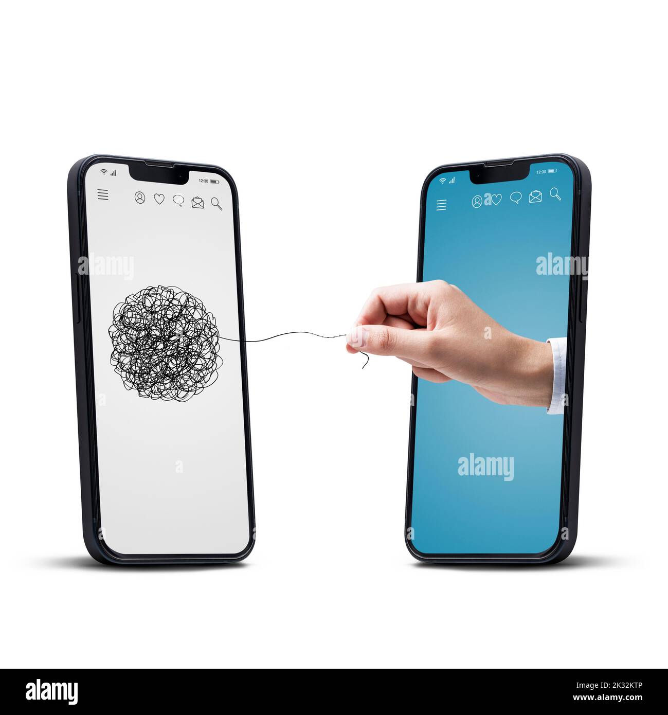 Two smartphones facing each other, a hand is untangling a line on the ...