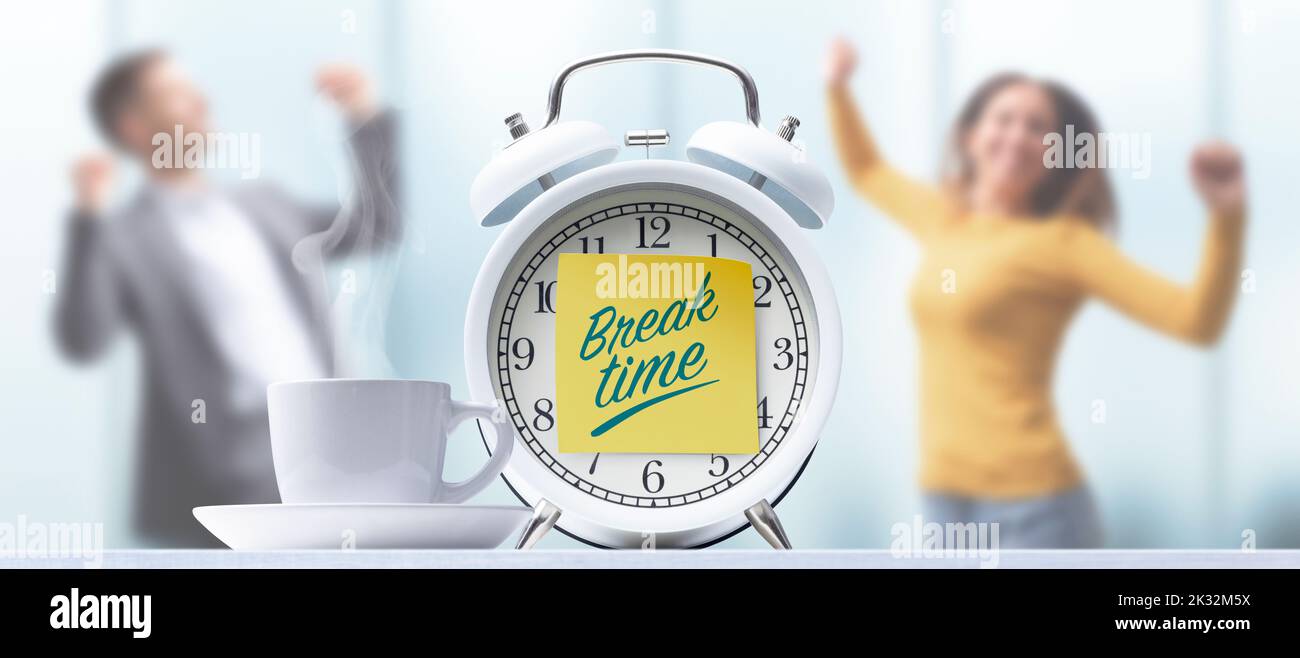Business people taking a break in the office, alarm clock with sticky ...