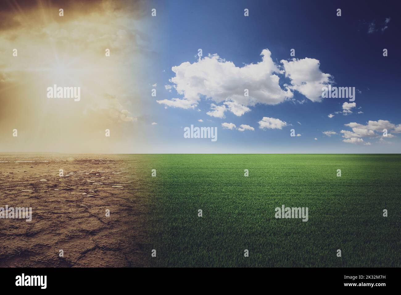 Green meadow field with sun and clouds. Concept of climate change ...