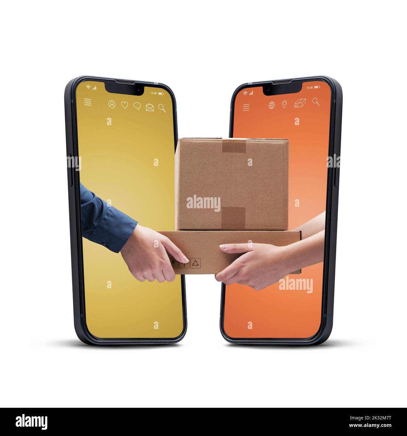 Express courier delivering parcels to a customer, two smartphones ...