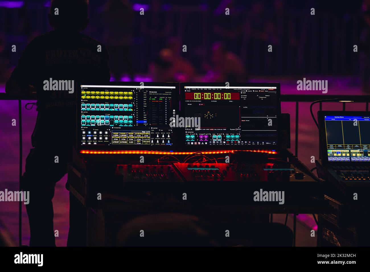An audio mixing table a minute before soundcheck with the band on stage ...