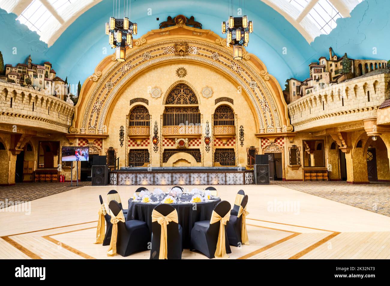 Banqueting table set up in the Spanish Hall of the Winter Gardens ...