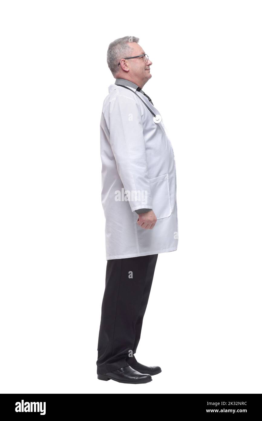 Professional doctor with stethoscope and wearing glasses in a side view ...