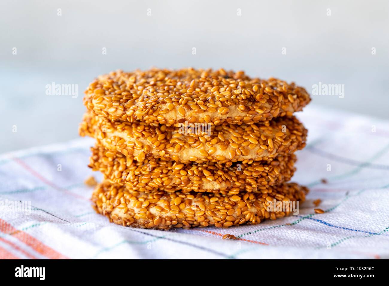 Sesame cookies. Salty cookies on gray background. close up Stock Photo ...