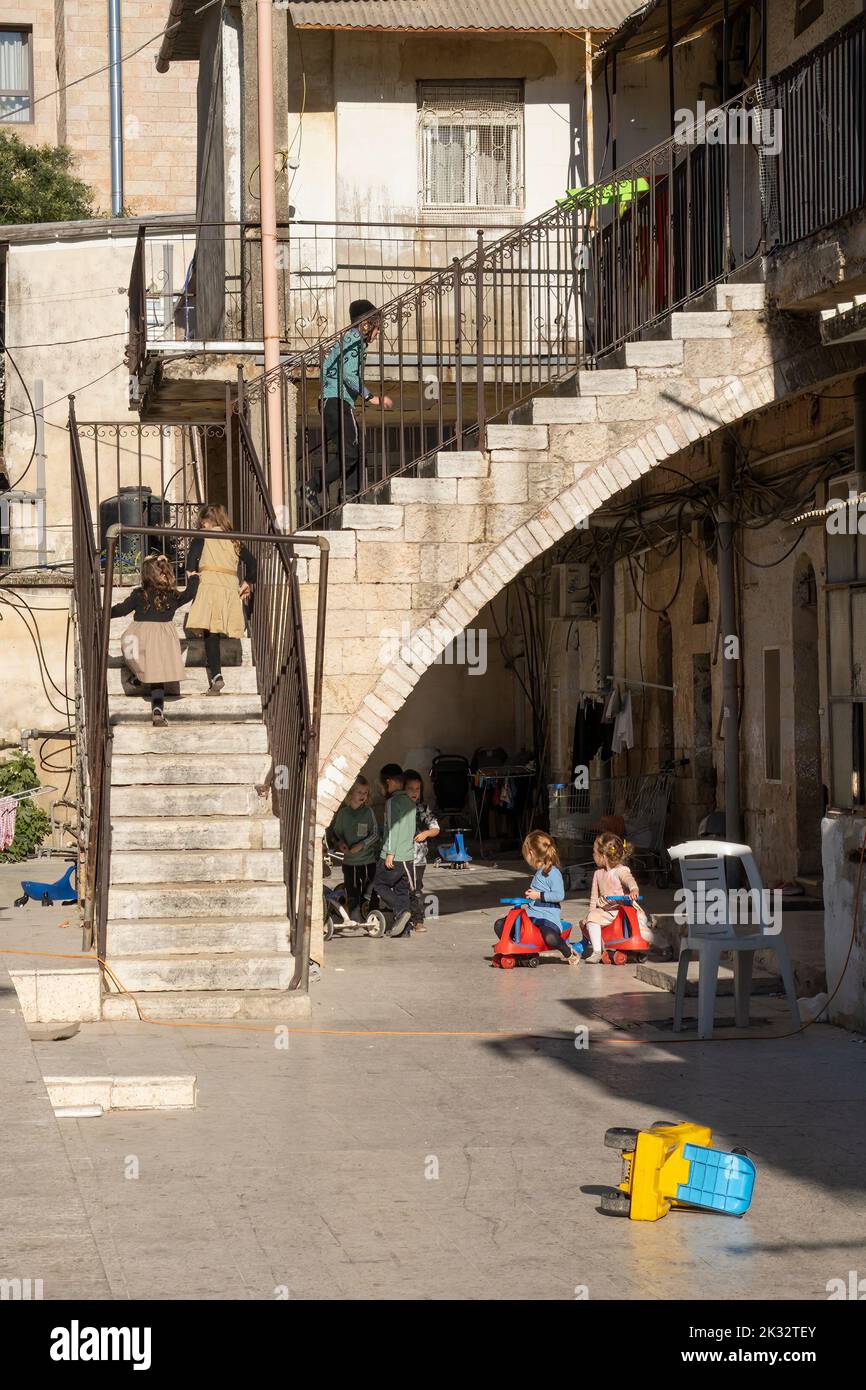 Jerusalem, Israel - July 7th, 2022: Jewish orthodox children playing in ...