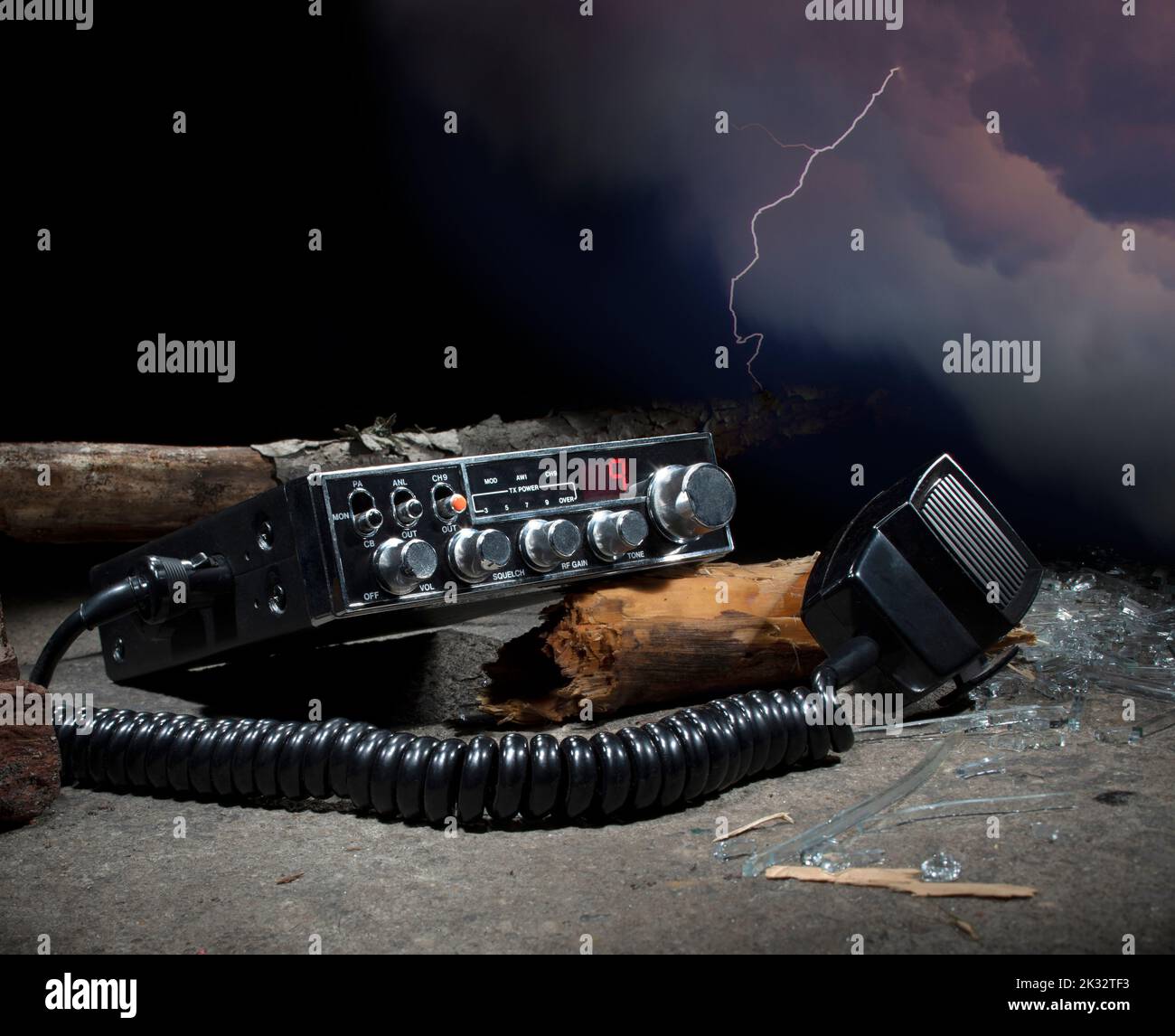 Debris around a CB radio with storm behind Stock Photo - Alamy