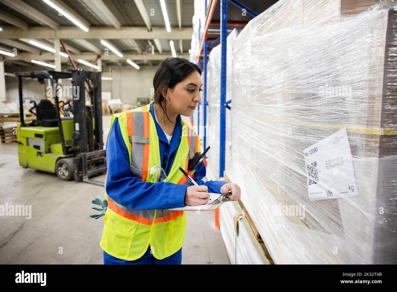 Worker inspecting cargo in distribution warehouse Stock Photo - Alamy