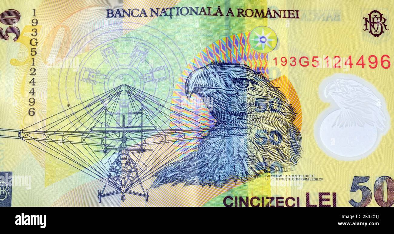 Reverse of 50 lei bank note printed by Romania, that shows Vlaicu II ...