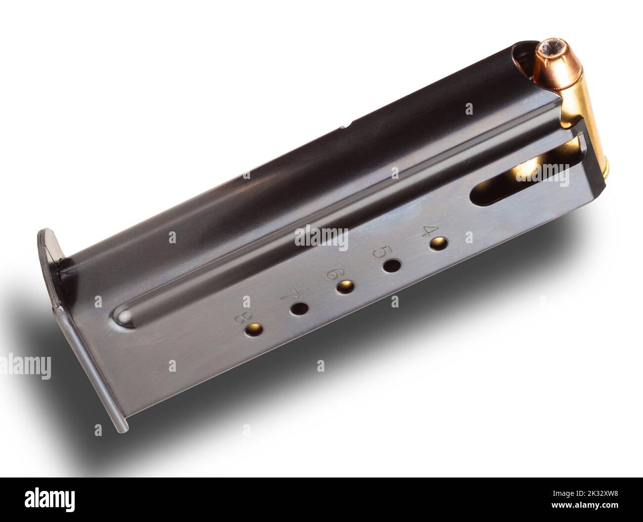 Handgun magazine filled with hollow point bullet on white with shadow ...