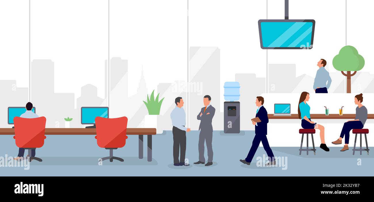 Modern office and workers horizontal vector illustration Stock Vector ...