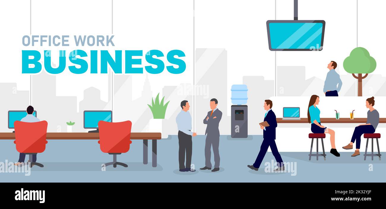 Modern office and workers horizontal vector illustration Stock Vector ...