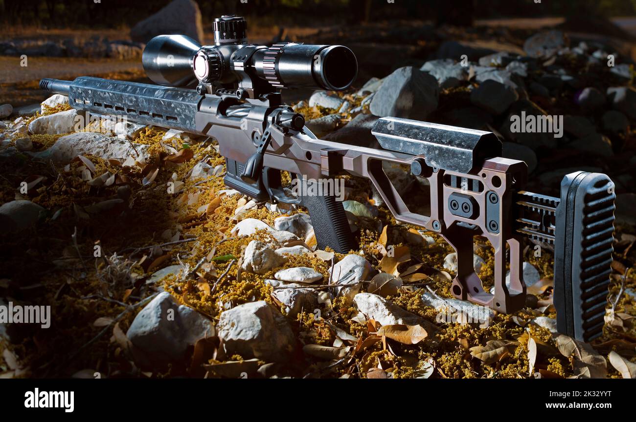 Precision bolt action rifle that is adjustable with riflescope outdoors ...