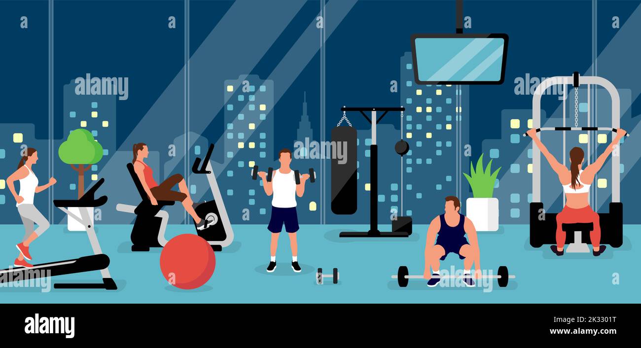 People working out at the gym. Horizontal vector banner illustration ...