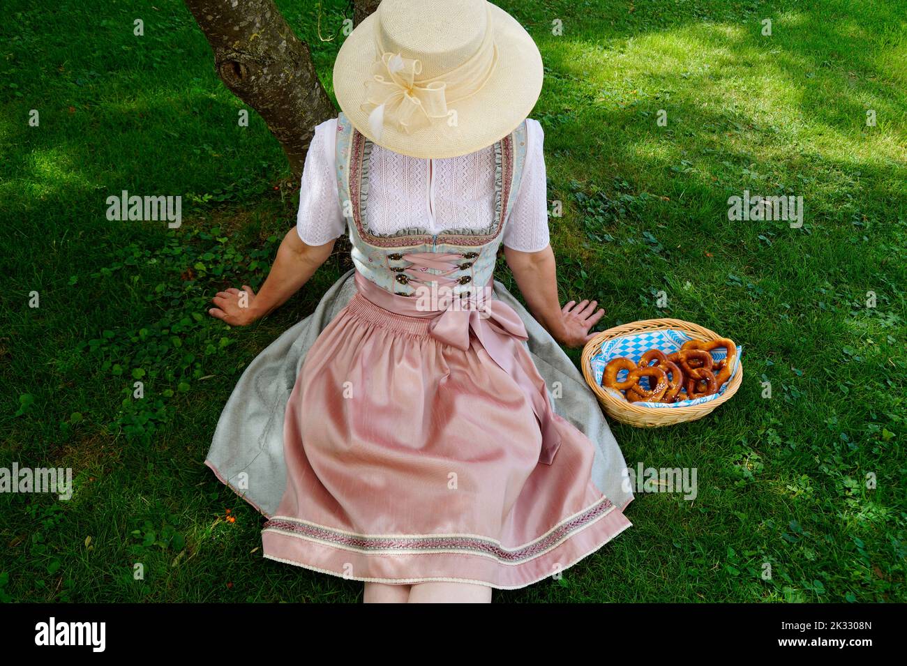 a woman in a beautiful traditional Bavarian dirndl dress sitting on the ...