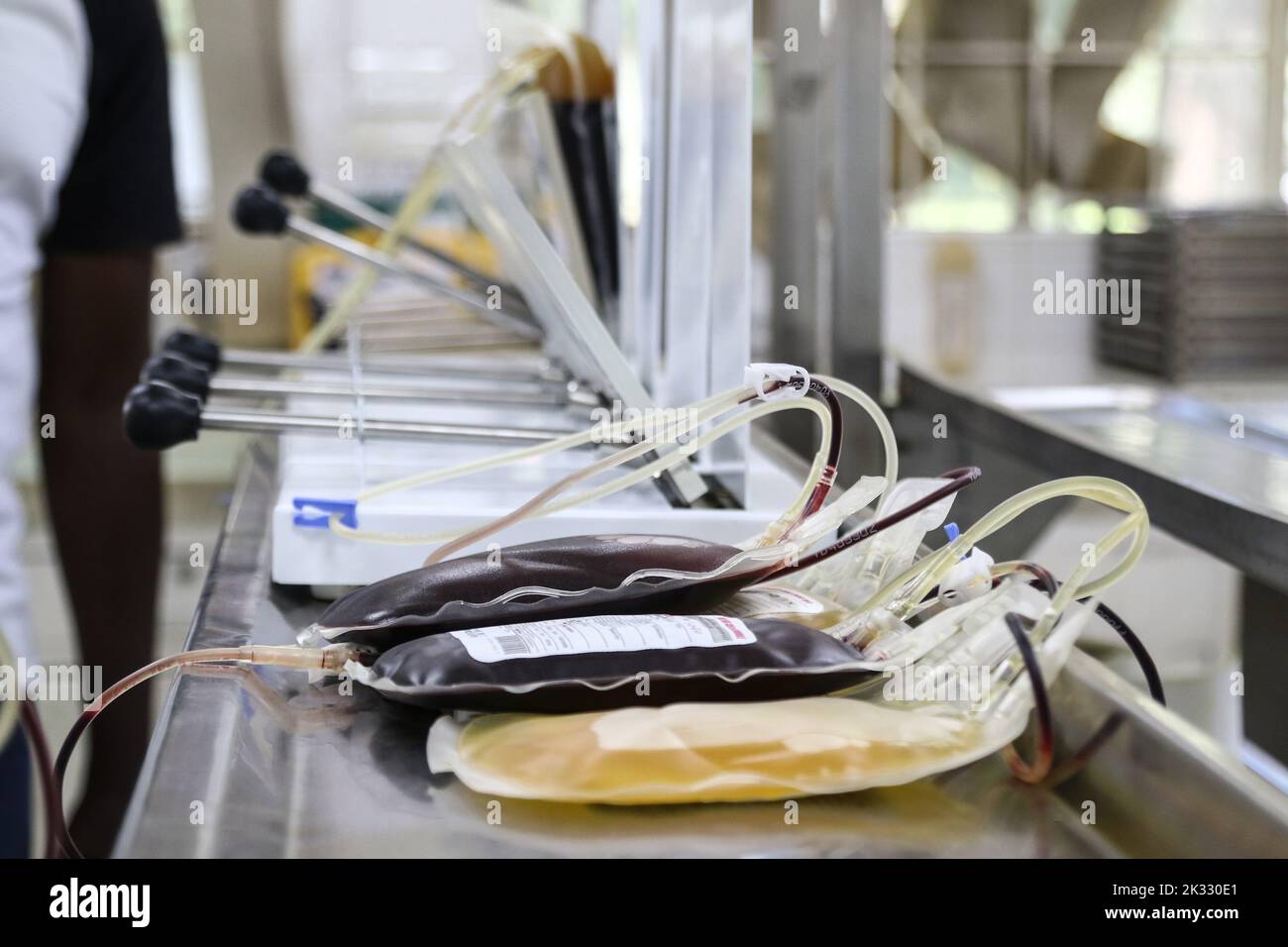 Bags of donated blood are placed on the table for processing at Nakuru ...