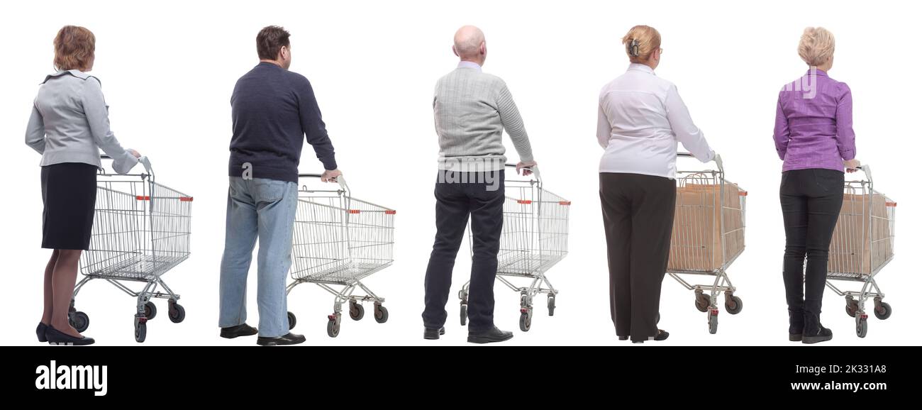 a group of people with a cart stand with their backs isolated Stock ...