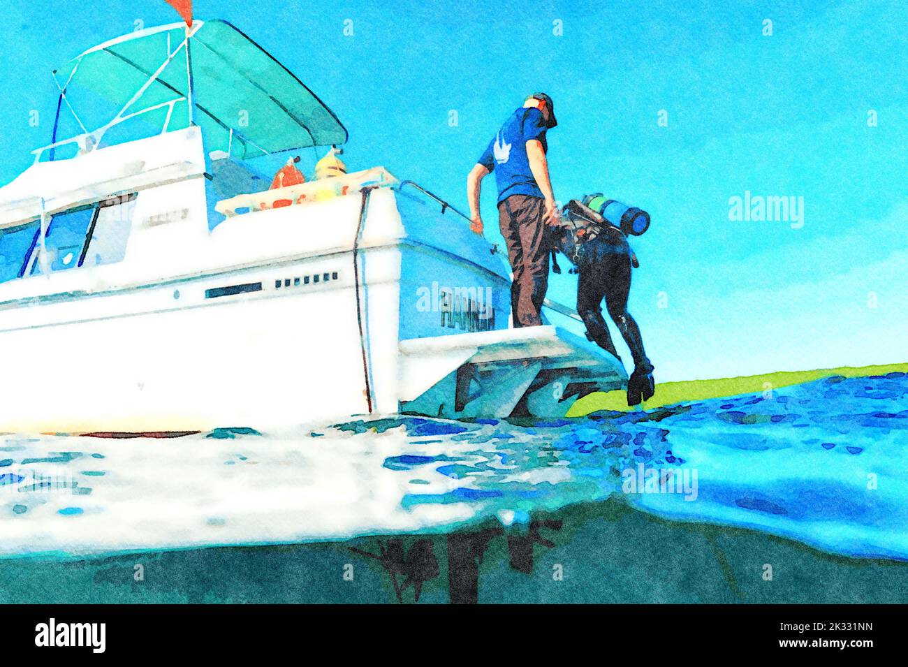 Digitally created watercolor painting of a boat Captain helping SCUBA ...