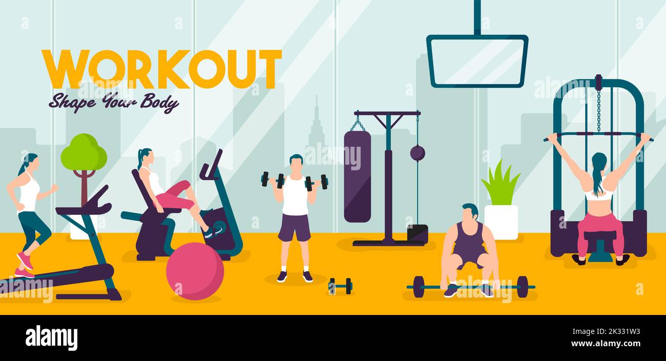 People working out at the gym. Horizontal vector banner illustration ...