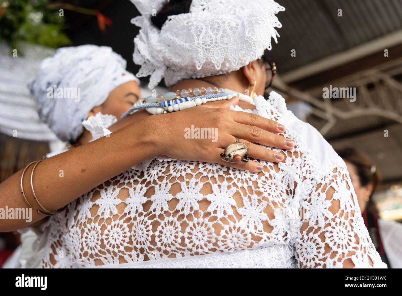 A closeup of the Members of the Candomble religion during a religious ...